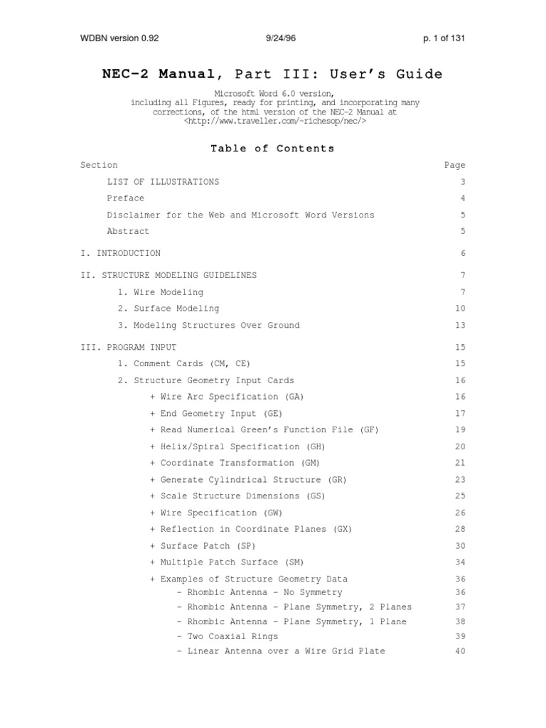 NEC-2 Manual, Part III: User's Guide: Table of Contents | Download Free ...