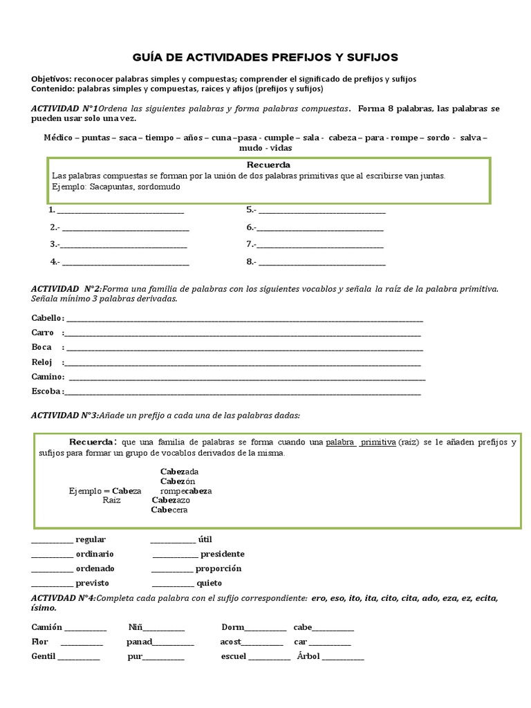 Guía de Actividades Prefijos y Sufijos | PDF