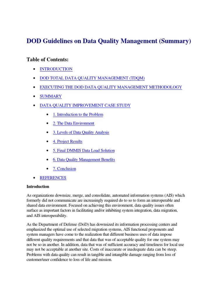 DOD Guidelines On Data Quality Management (Summary) : Table of Contents ...