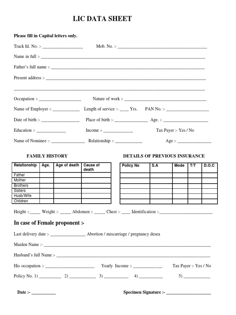 Lic Data Sheet: Please Fill in Capital Letters Only | PDF
