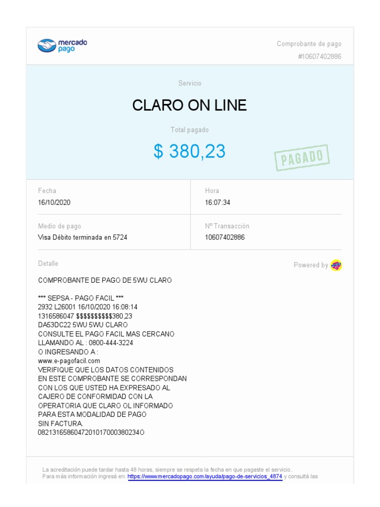 Pago de Servicio CLARO ON LINE - 10607402886 | PDF | Finanzas y dinero