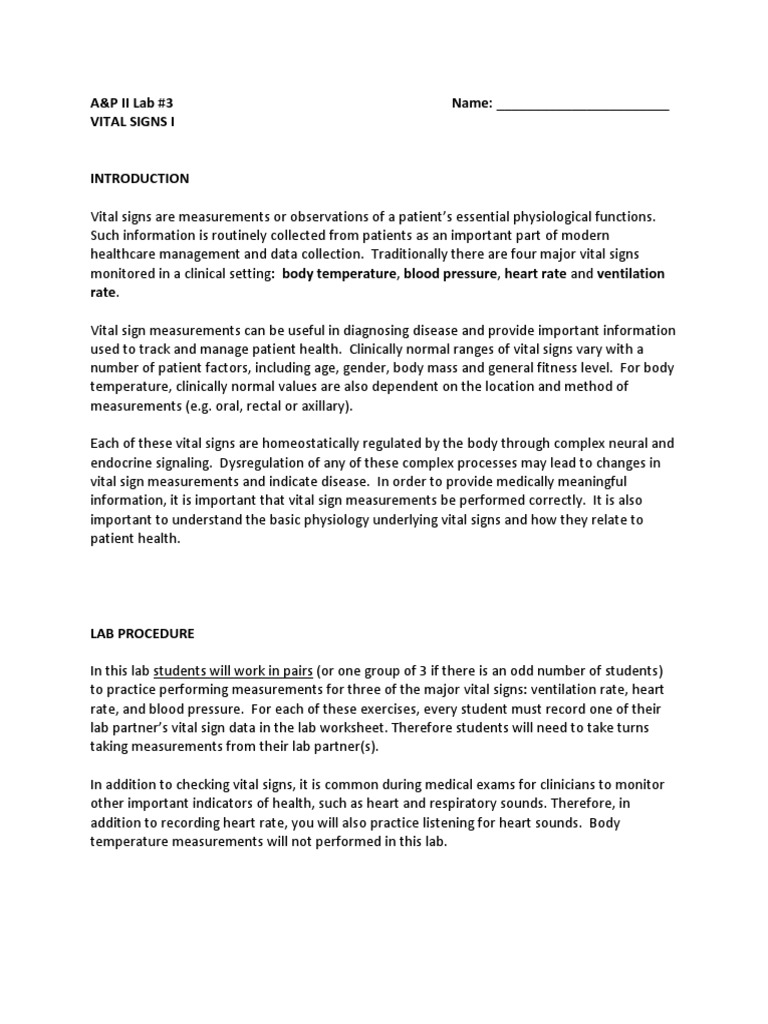 BIOL 2402 Lab 3 Vital Signs Lab I | PDF | Blood Pressure | Heart Rate