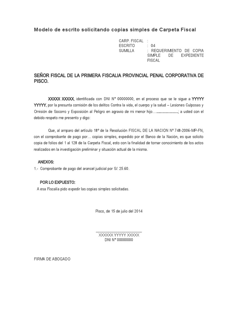 Modelo de Escrito Solicitando Copias Simples de Carpeta Fiscal | PDF