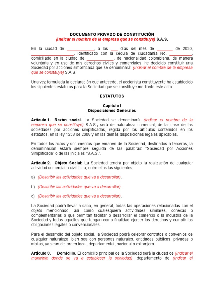 Modelo de Estatutos S.A.S. Accionista Unico | PDF | Sociedad de ...