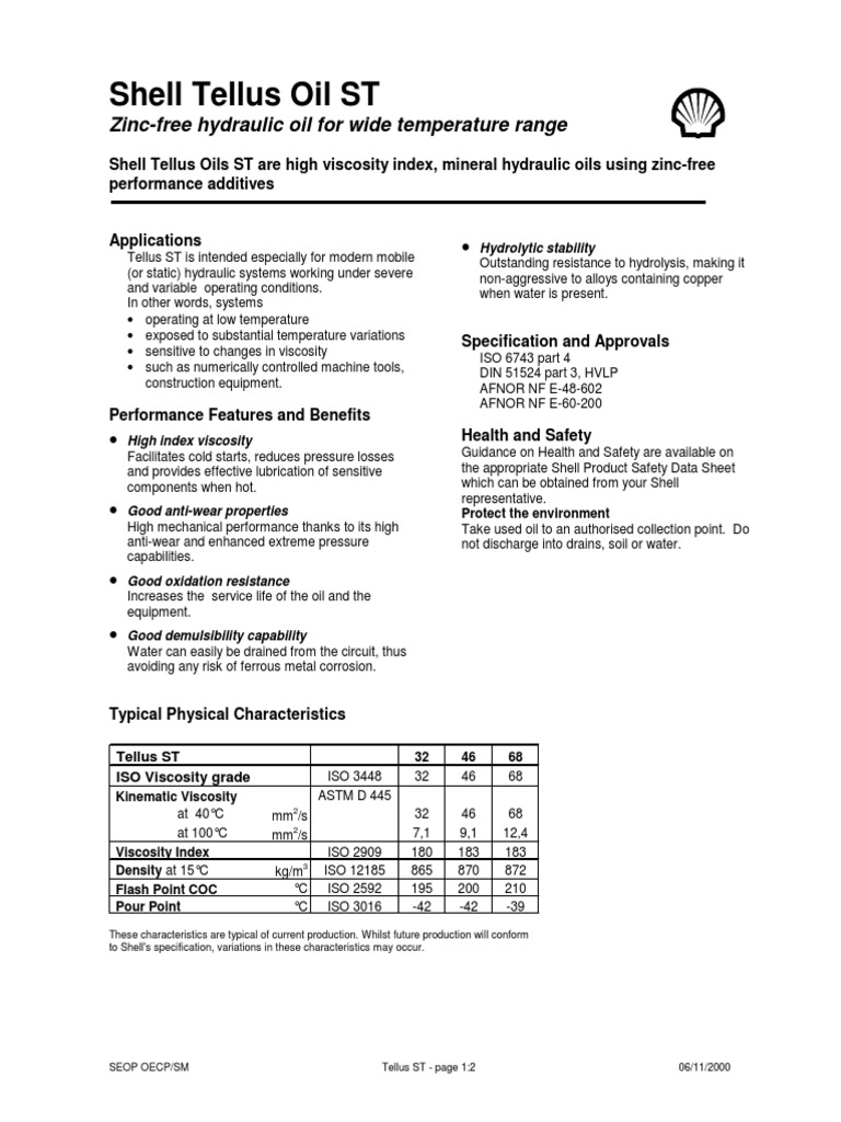 Shell Tellus Oil ST: Zinc-Free Hydraulic Oil For Wide Temperature Range ...