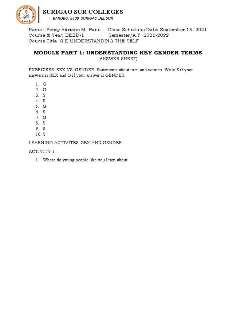 G.E Understanding The Self Module 1 Answer Sheet | PDF