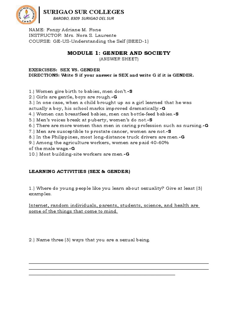 Gender and Society Module Answer Sheet | PDF | Gender | Gender Studies