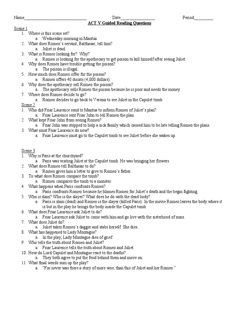 Romeo and Juliet Act 5 Guided Reading Answers | PDF | Characters In ...