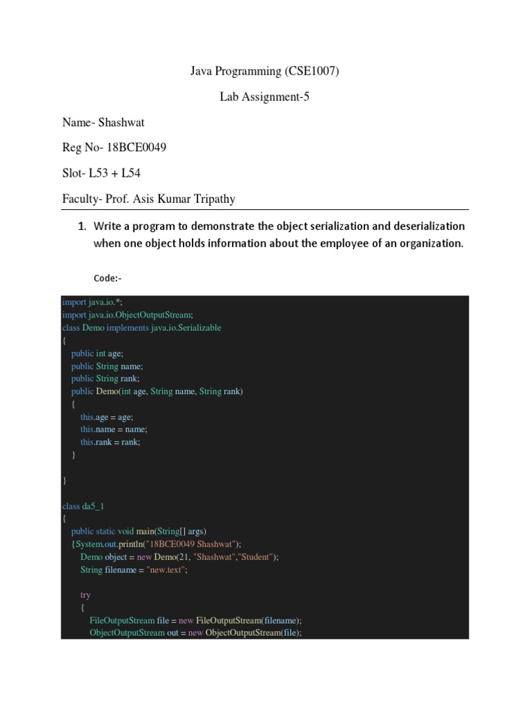 Code:-: Java Io Java Io Objectoutputstream Demo Java Io Serializable ...