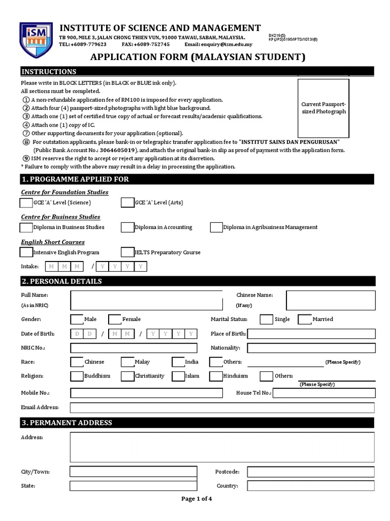 Application Form (Malaysian Student) : Institute of Science and ...
