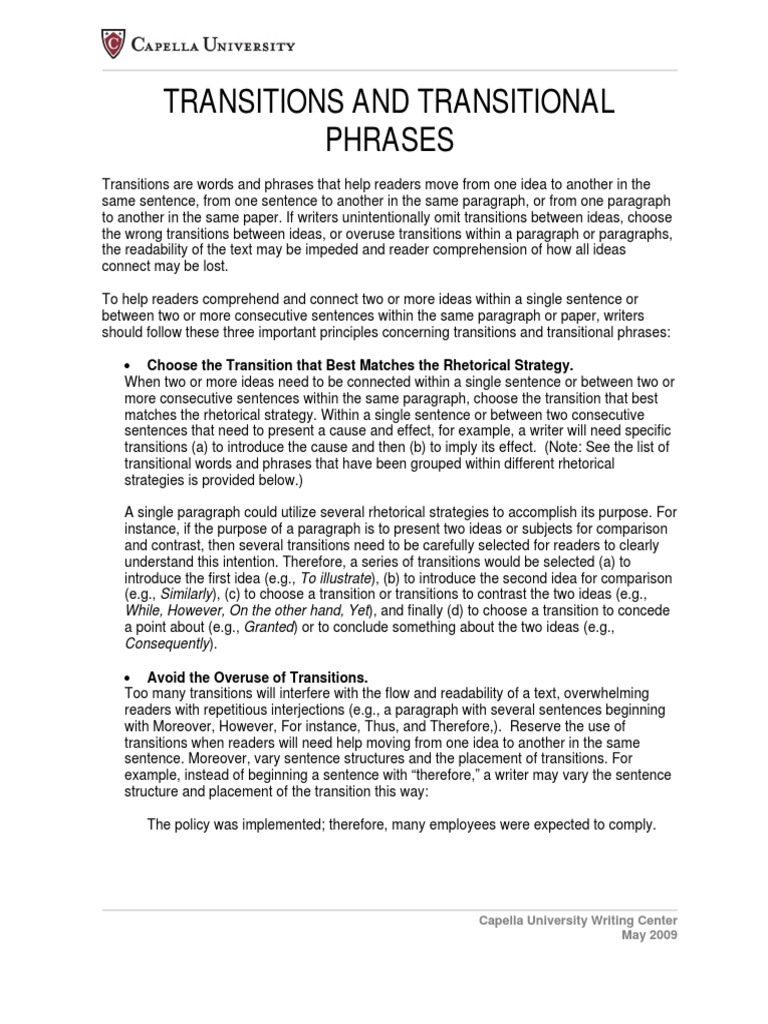 Transitions and Transitional Phrases | PDF | Sentence (Linguistics ...
