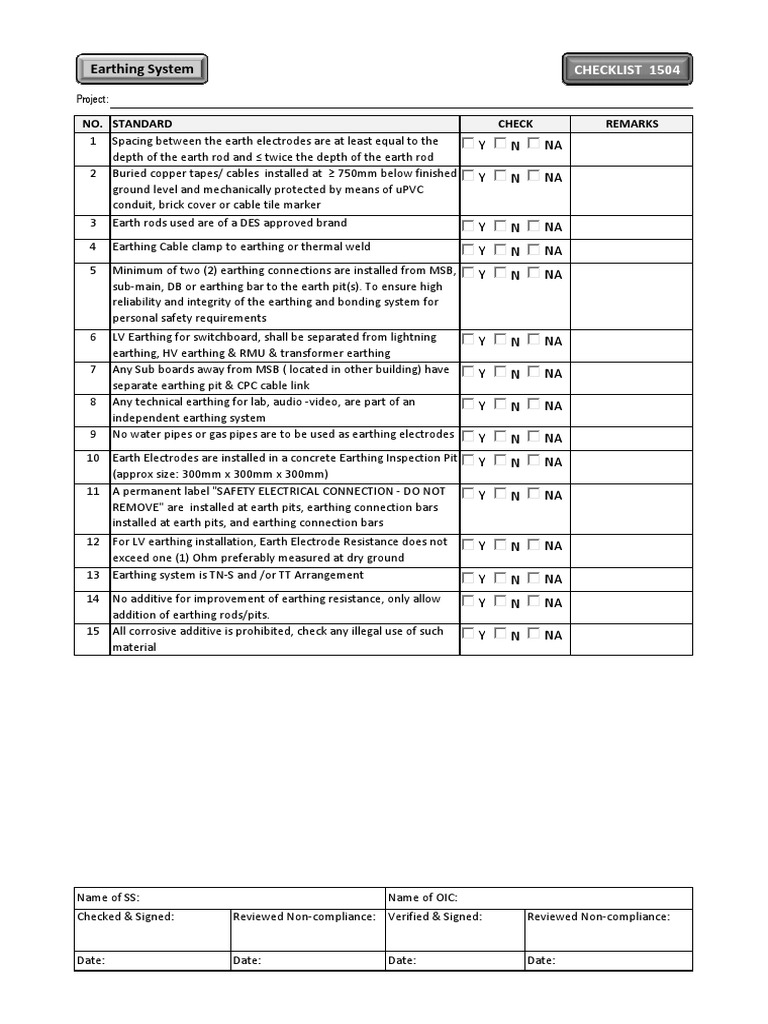 Checklist1504 - Earthing System | PDF | Electromagnetism | Components