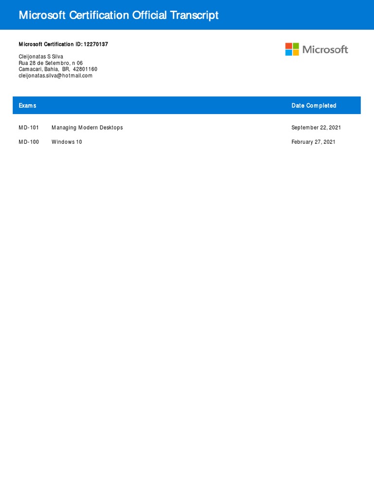 Microsoft Certified Professional Transcript | PDF