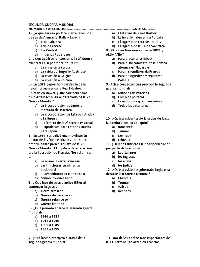 Examen Segunda Guerra Mundial | PDF | Segunda Guerra Mundial | Alemania ...