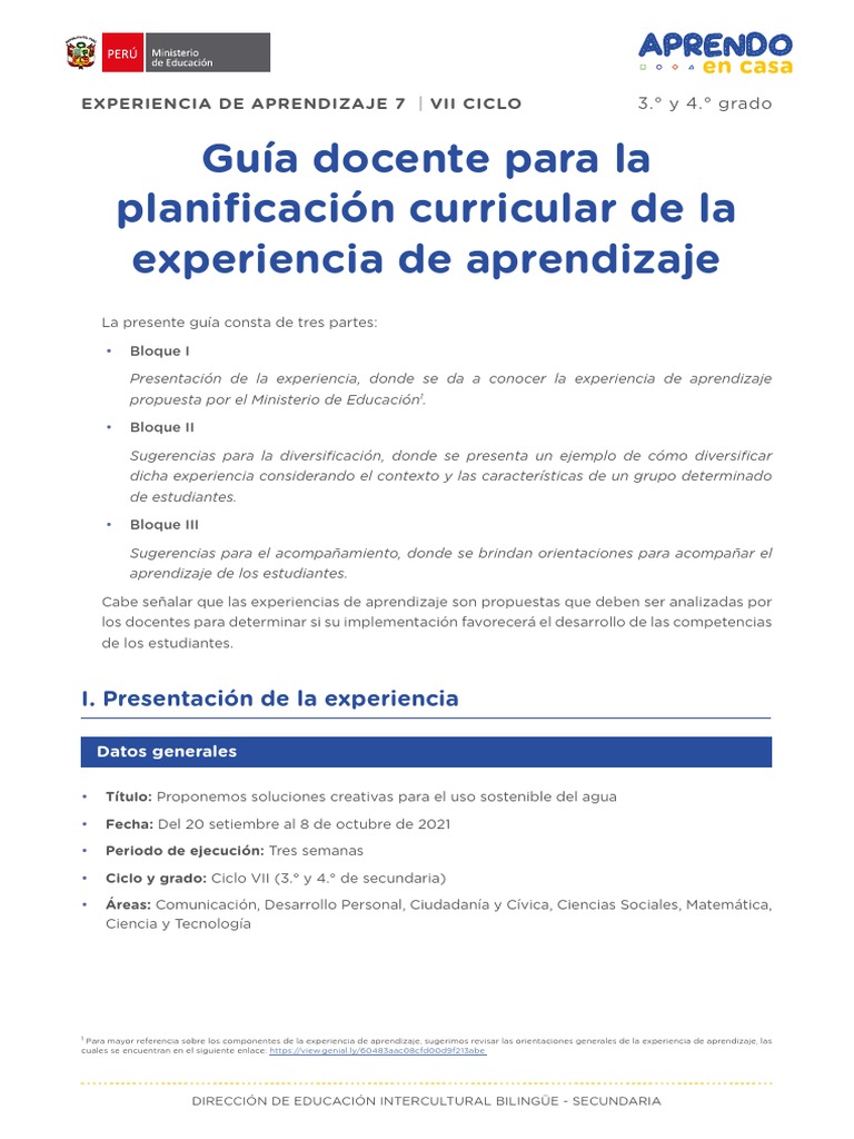 Exp7 Planificamos Eib Secundaria 3y4 | PDF | Agua | Aprendizaje