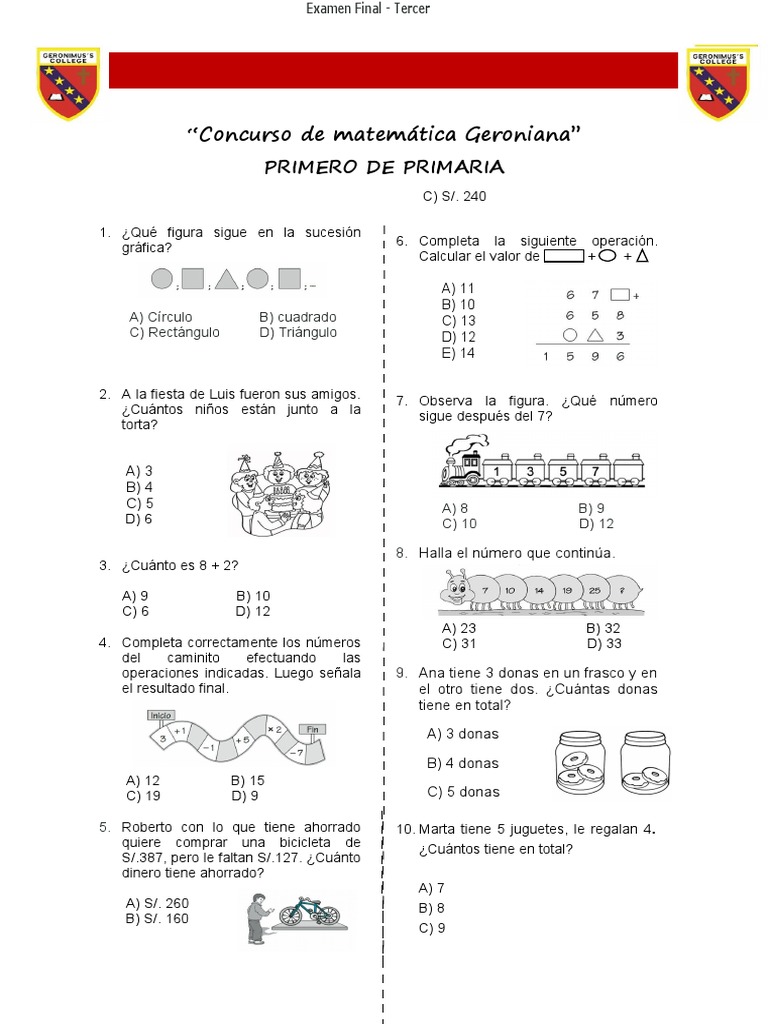 Examen de Matemáticas Primer Grado | PDF
