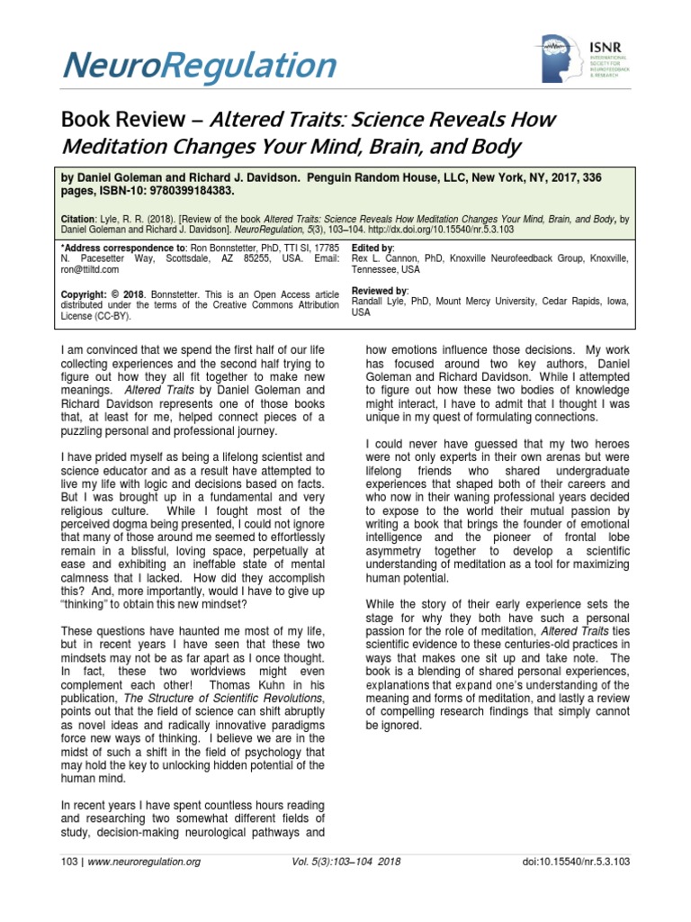 Book Review - Altered Traits Science Reveals How M | PDF | Meditation ...