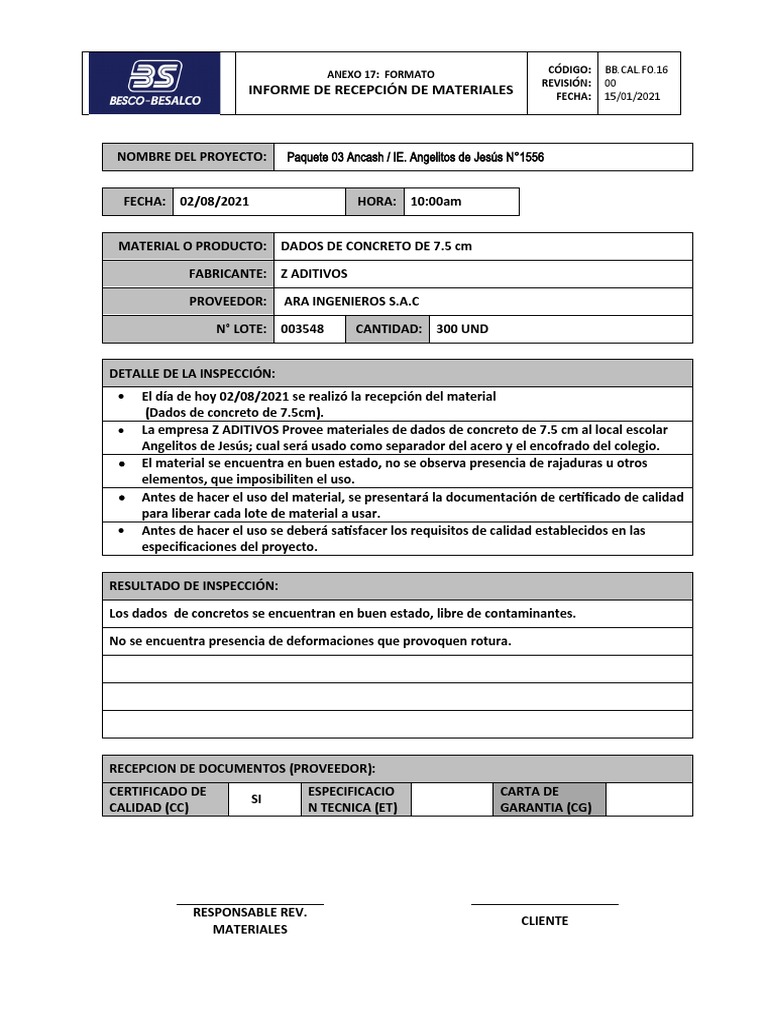 BB - cal.FO.16 - Informe de Recepción de Materiales (Anexo 17) | PDF
