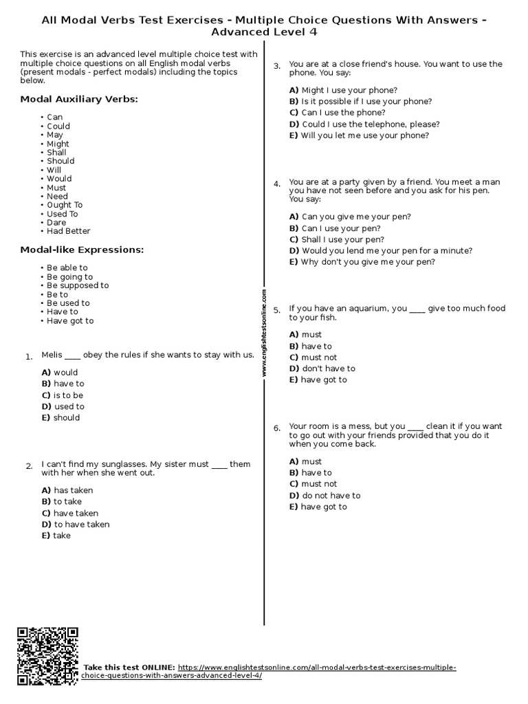 503 - All Modal Verbs Test Exercises Multiple Choice Questions With ...