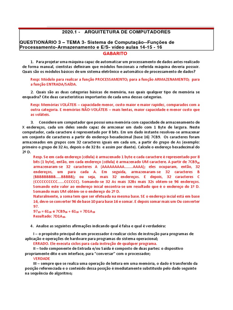 GABARITO-ARQ COMP-Questionário 3 | PDF | Algoritmos | Armazenamento de dados de computador