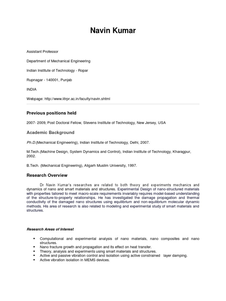 Navin Kumar: Previous Positions Held | PDF | Nanotechnology | Mechanical Engineering