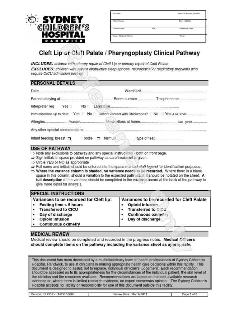 Cleft Lip or Cleft Palate / Pharyngoplasty Clinical Pathway: Personal ...