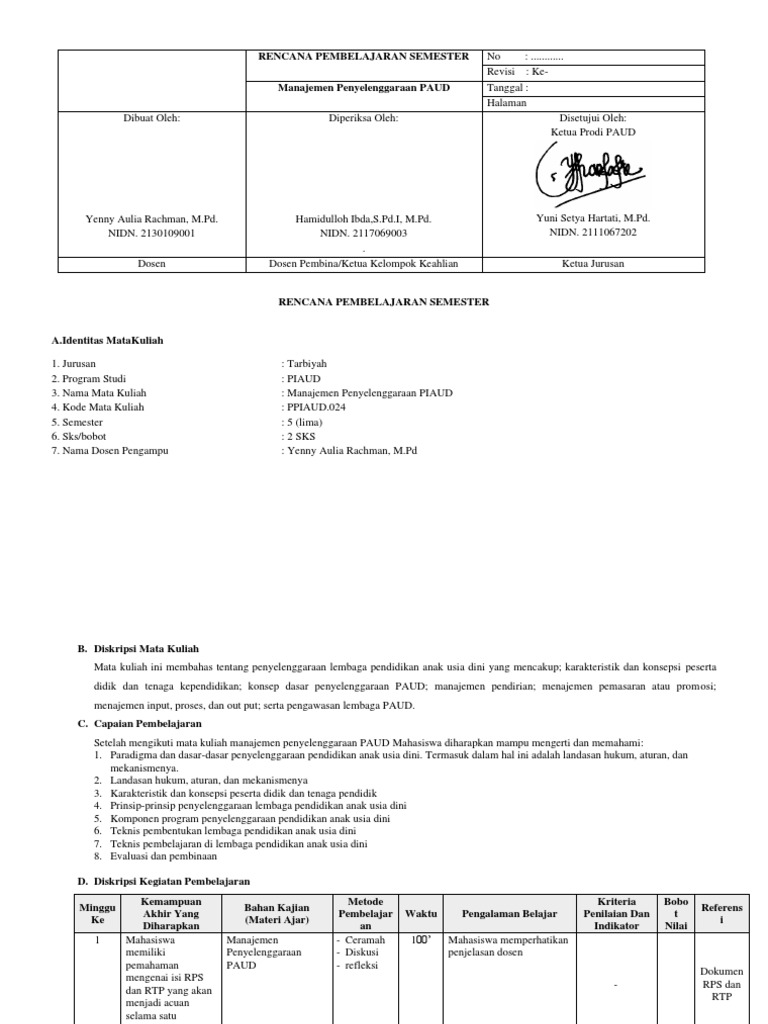 RPS Manajemen Penyelenggaraan Paud | PDF