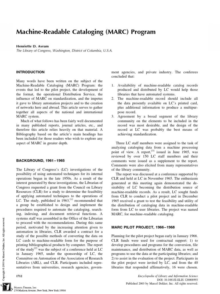 Machine-Readable Cataloging (MARC) Program: The Library of Congress ...