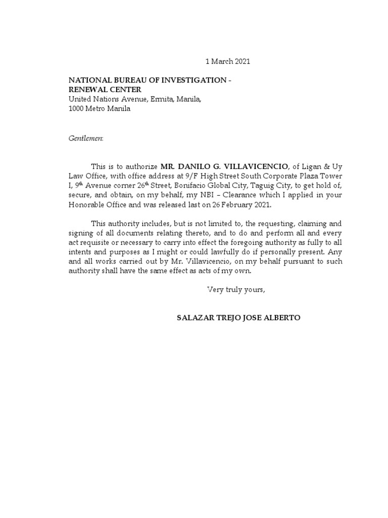 Authorization Letter - NBI | PDF