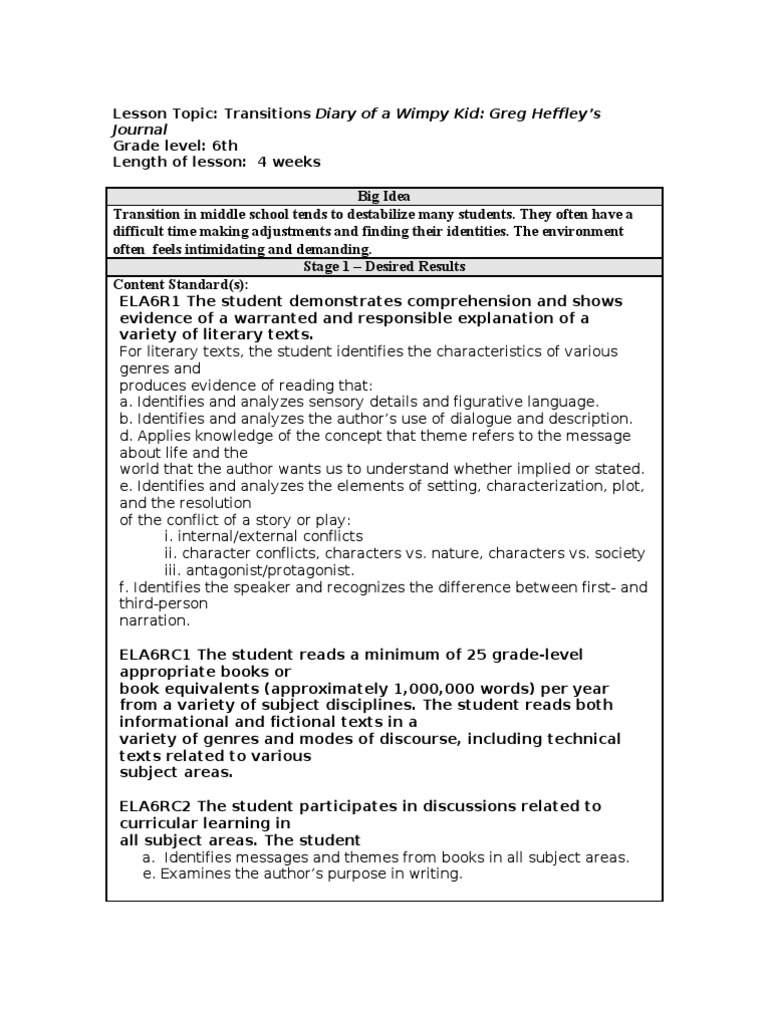 Journal: Lesson Topic: Transitions Diary of A Wimpy Kid: Greg Heffley's ...