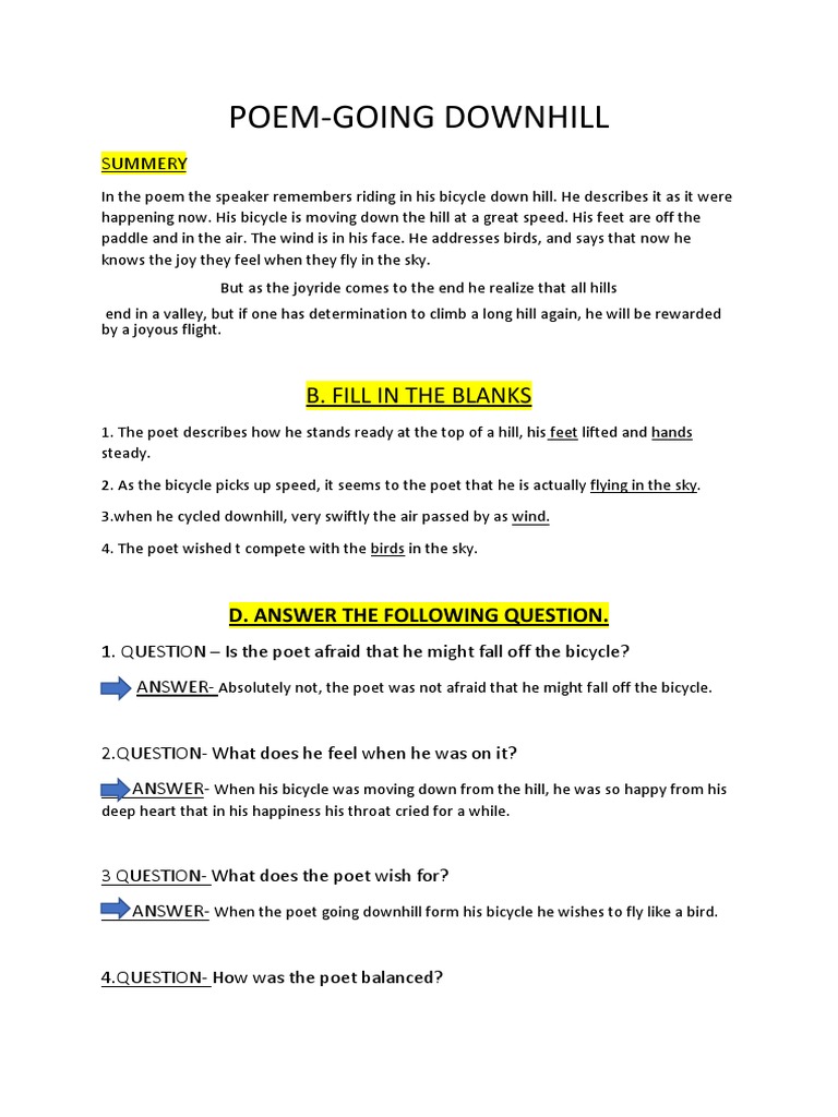 Poem-Going Downhill: B. Fill in The Blanks | PDF