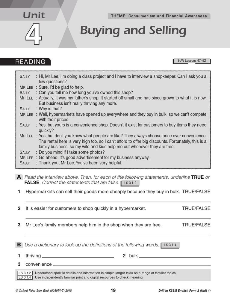English Form 2 Units 4 | PDF | Question