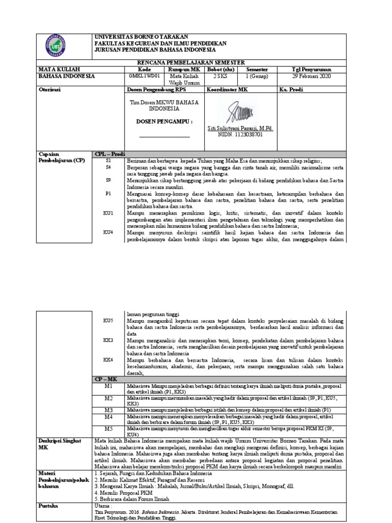 RPS Bahasa Indonesia FKIP UBT | PDF