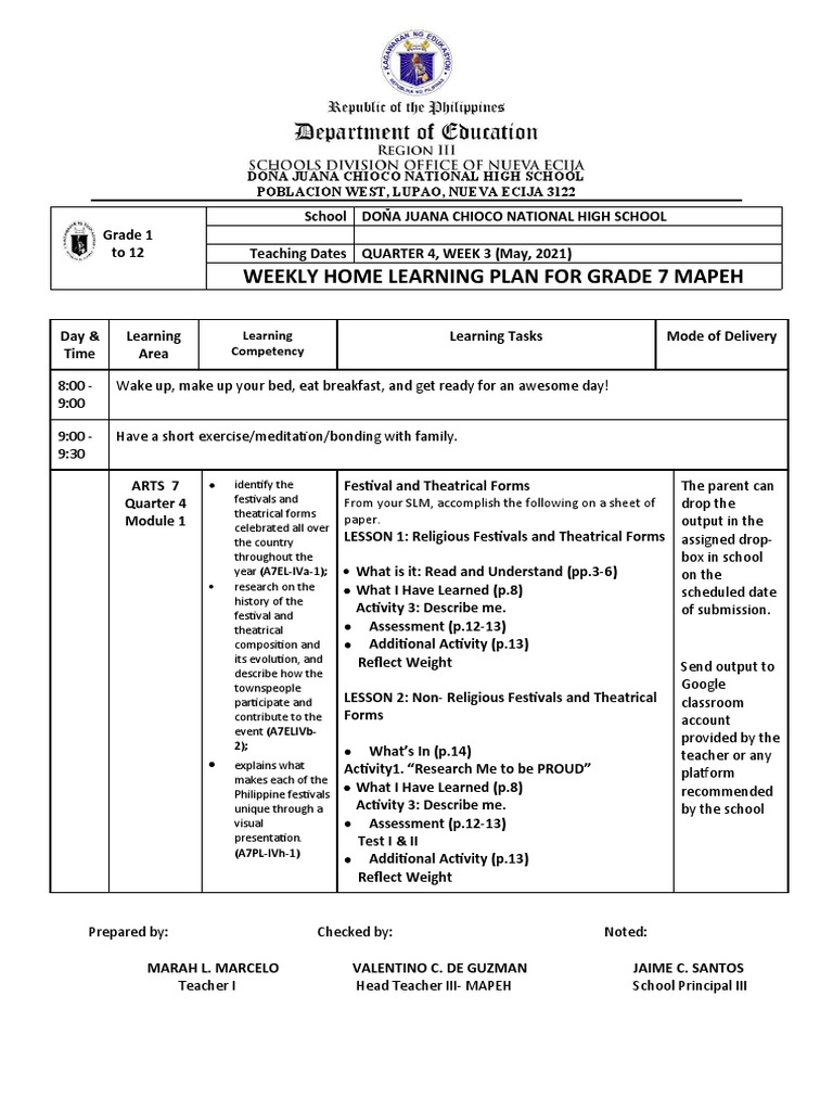 Weekly Home Learning Plan For Grade 7 Mapeh | PDF | Applied Psychology ...