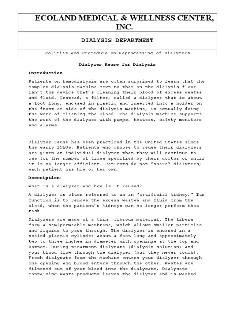 B.Reprocessing of Dialyzer | PDF | Hemodialysis | Dialysis