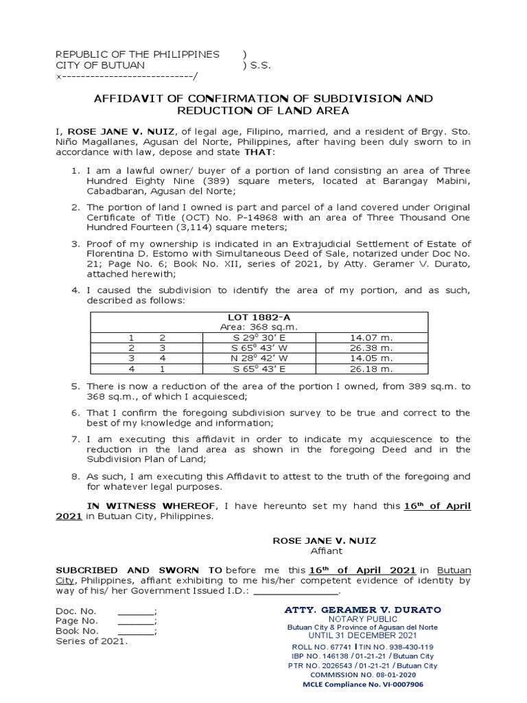 Affidavit of Confirmation of Subdivision | PDF | Affidavit | Evidence
