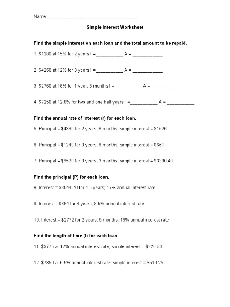 Simple Interest Worksheet | PDF