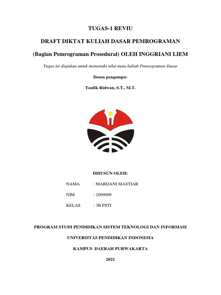 Mardani Mastiar, 2009009, Tugas Reviu Pertemuan 1, Pemrograman Dasar, Psti 3B | PDF | Komputer