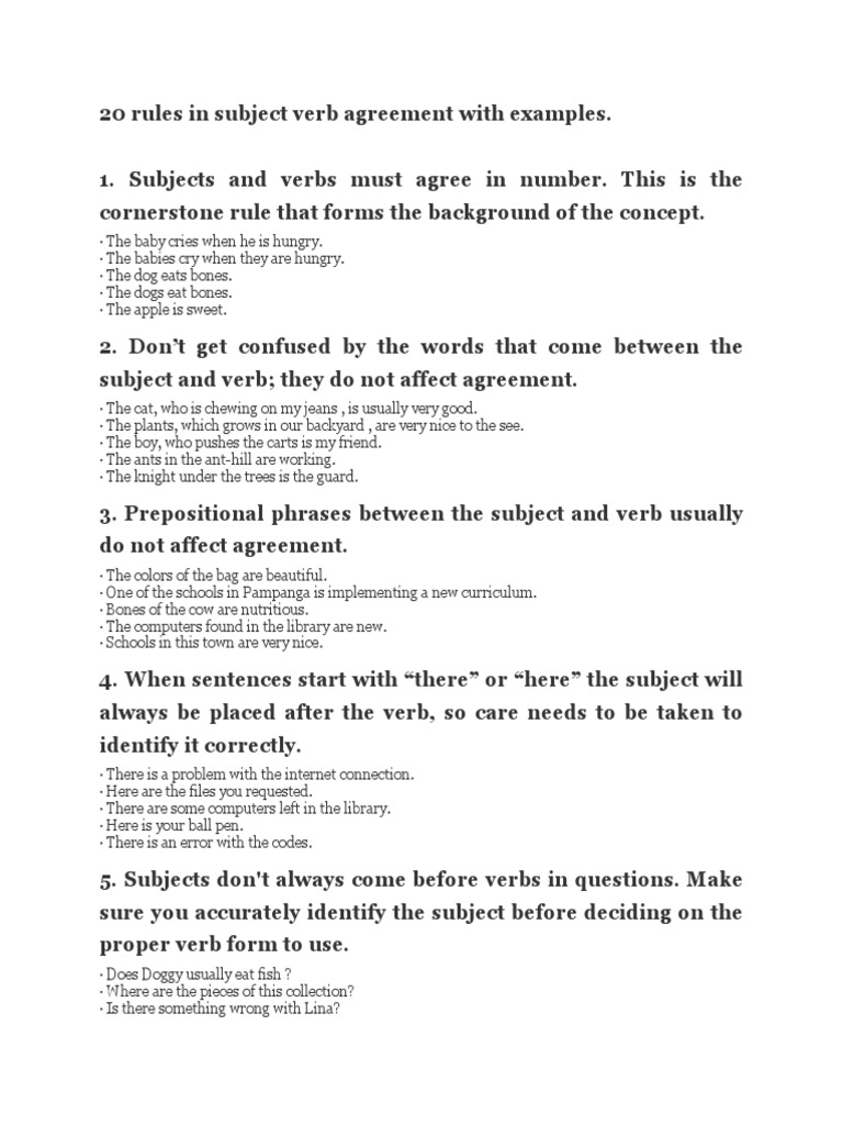 20 Rules in Subject Verb Agreement With Examples | PDF | Grammatical ...