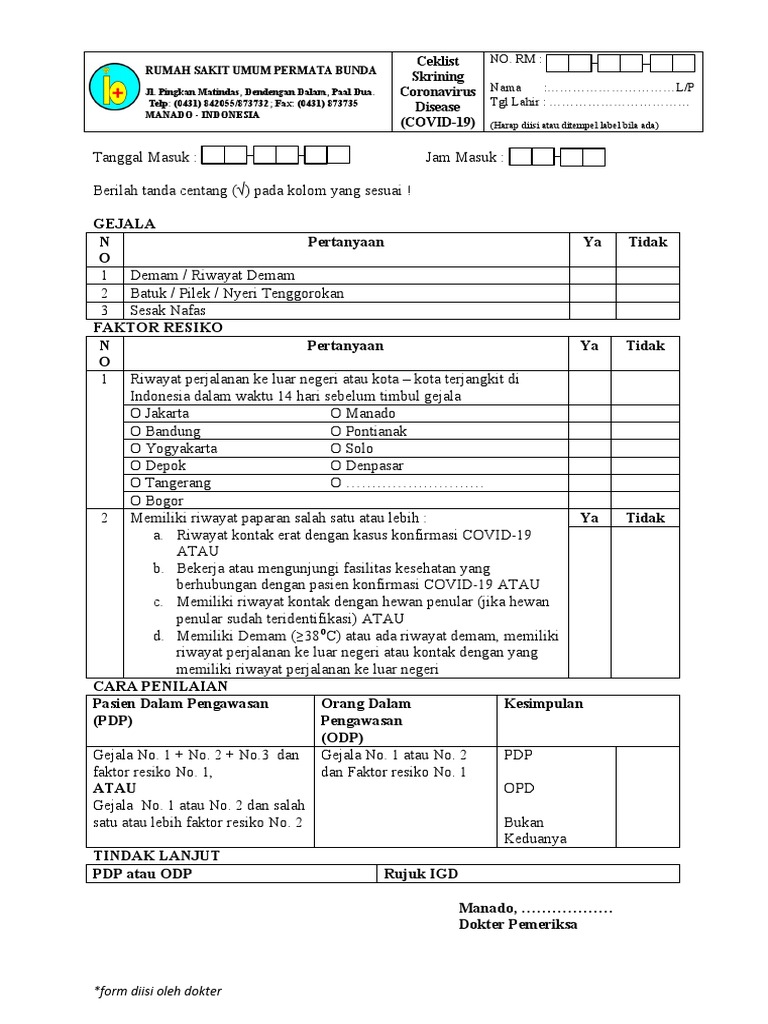 Form Screening Covid-19 Rsupb Rev | PDF