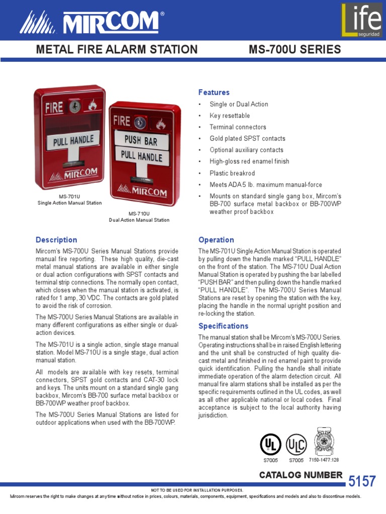 Metal Fire Alarm Station Ms-700U Series: Features | PDF | Switch ...