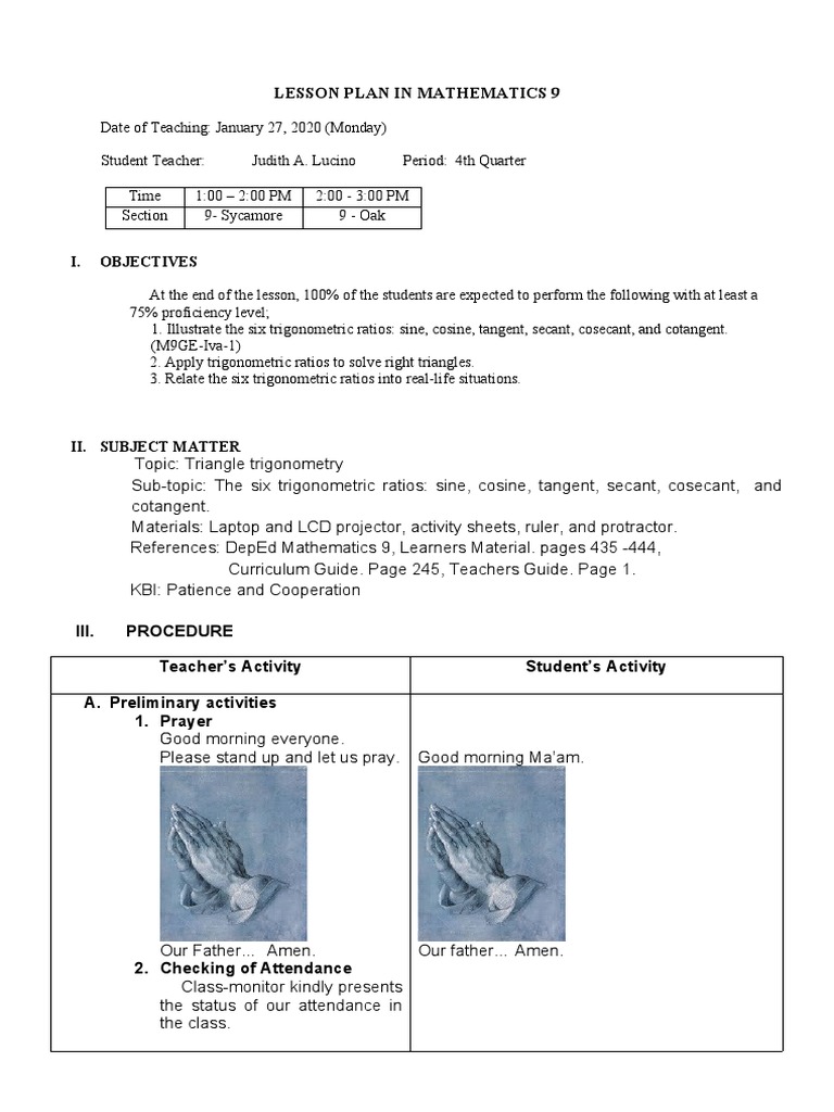 Lesson Plan in Mathematics 9: I. Objectives | PDF | Trigonometric ...