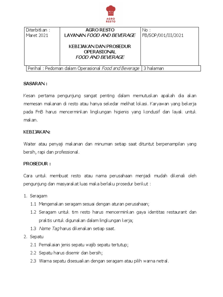 SOP Layanan Food and Beverage Resto | PDF