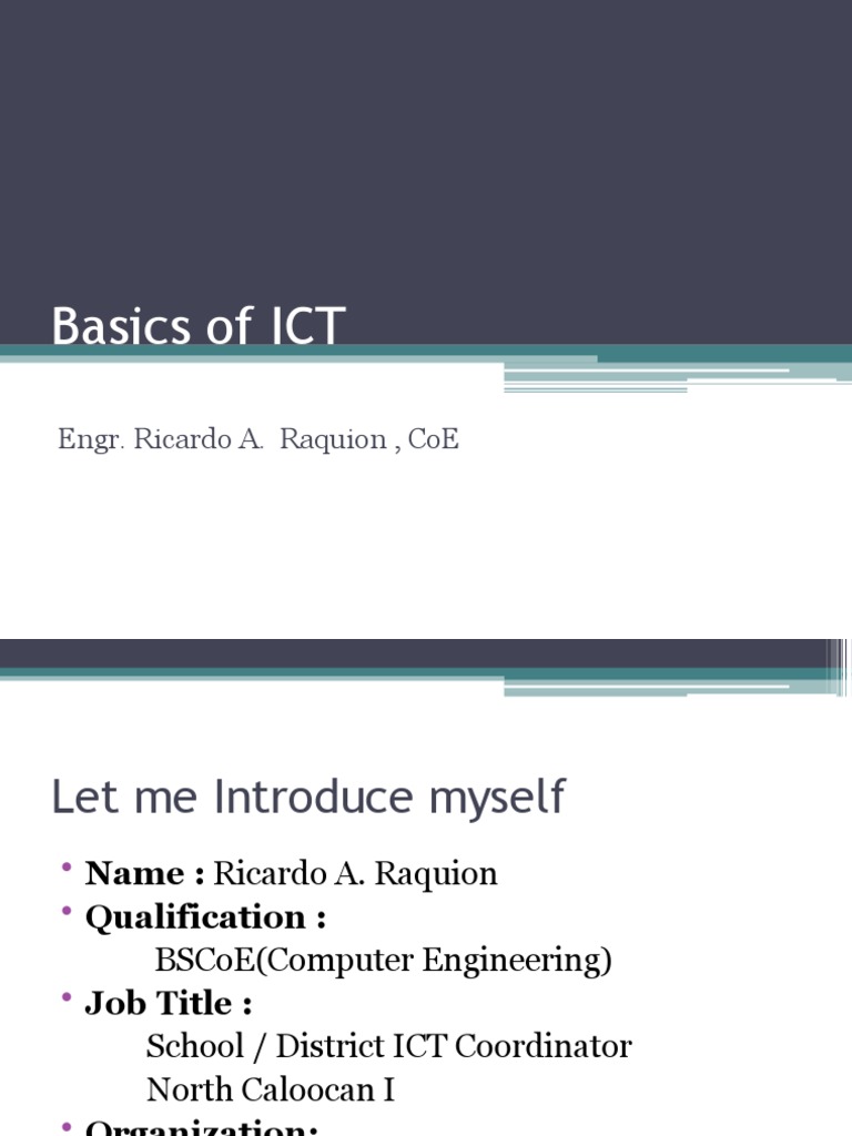 Basics of Ict: Engr. Ricardo A. Raquion, Coe | PDF | Random Access Memory | Central Processing Unit