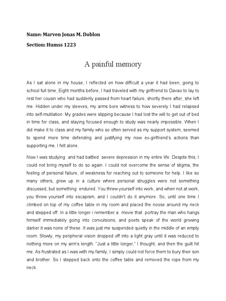 A Painful Memory: Name: Marven Jonas M. Doblon Section: Humss 1223 ...