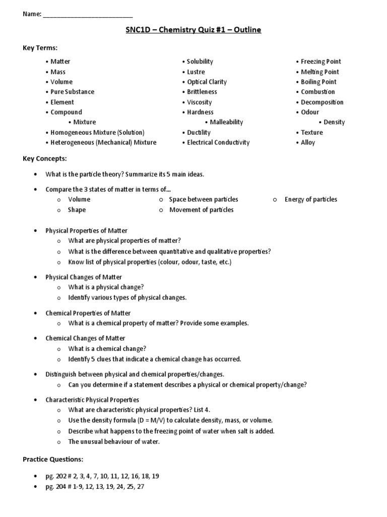24a. Chemistry Quiz 1 - Outline | PDF | Chemical Substances | Mixture