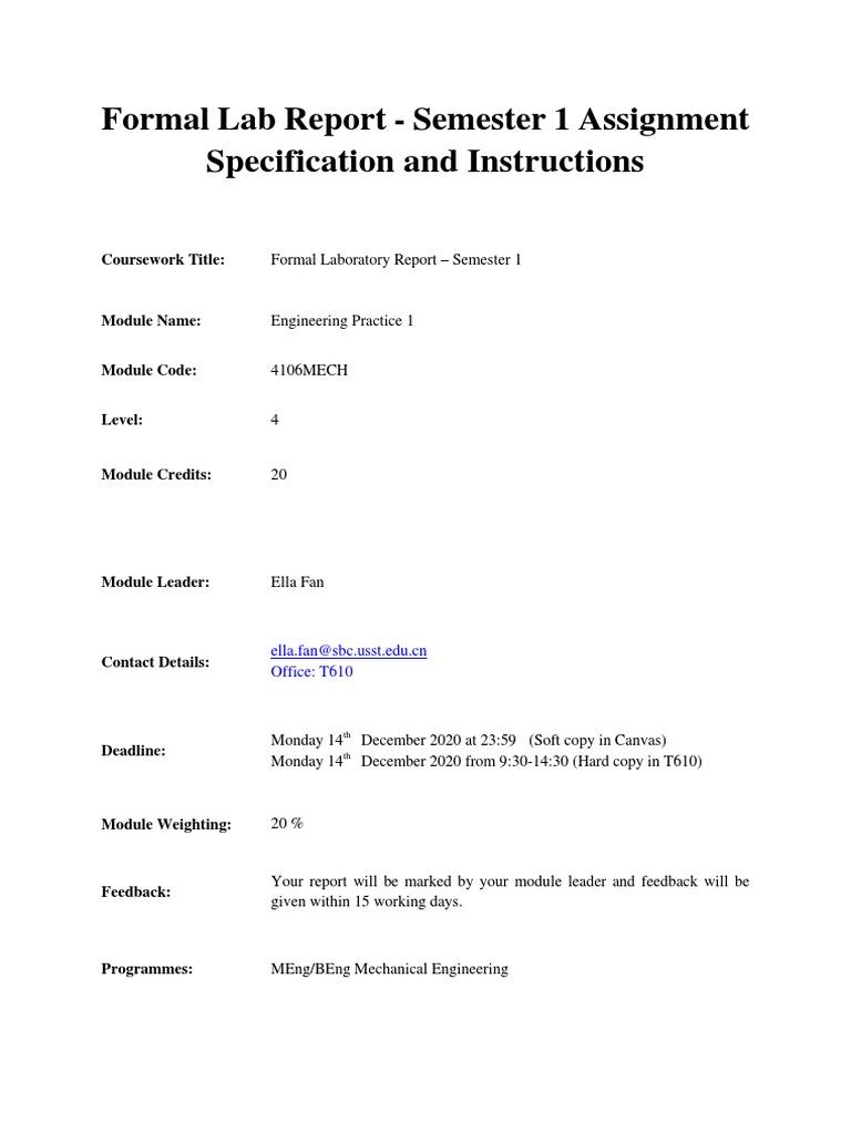 4106MECH Formal Lab Report 1 Specification | PDF | Citation | Experiment