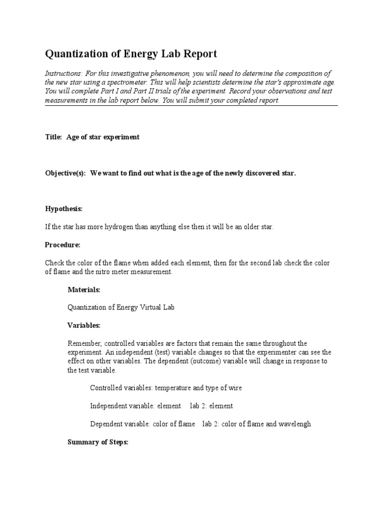 Quantization of Energy Lab Report: Title: Age of Star Experiment | PDF ...