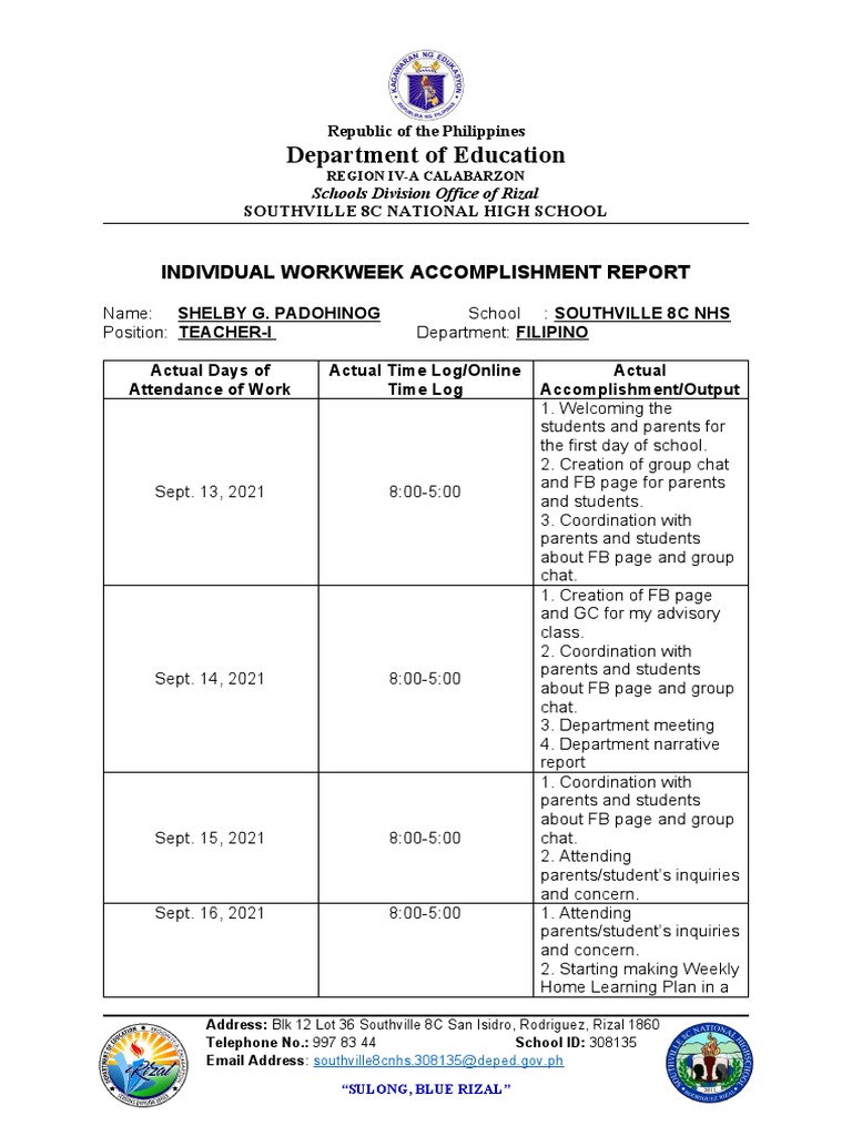 Department of Education: Individual Workweek Accomplishment Report ...