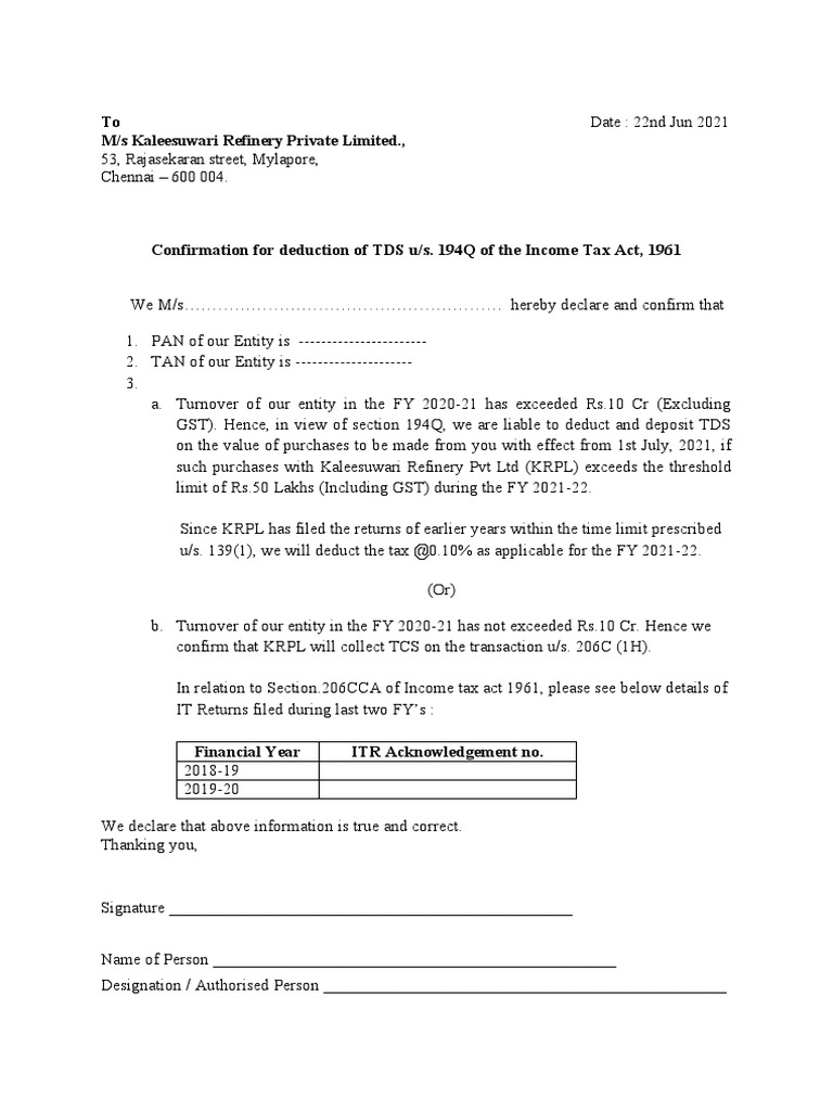 TDS Declaration Format 194 Q | PDF